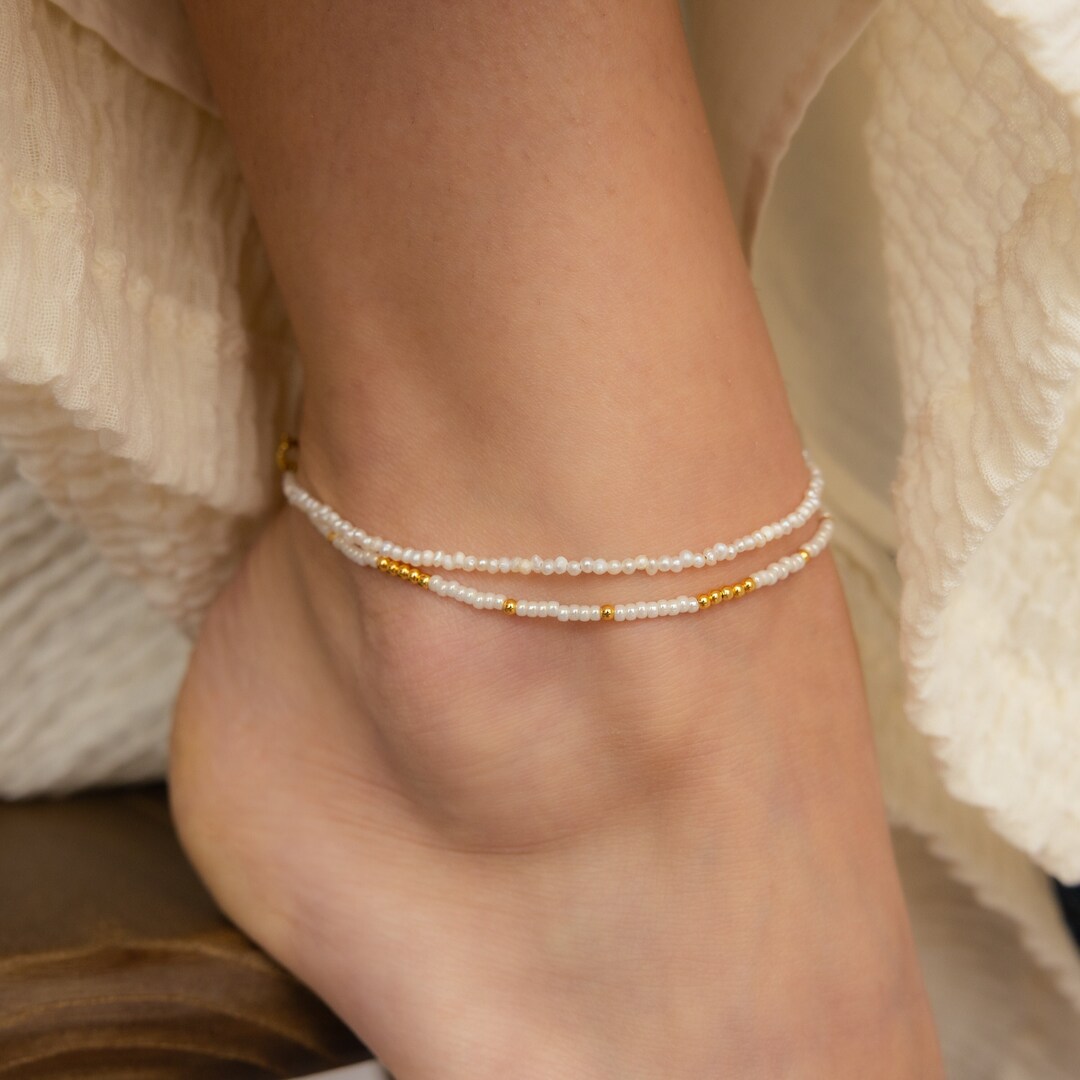 Dainty Pearl Beaded Anklet by Caitlyn Minimalist • Pearl Anklet in Gold & Silver • Boho Pearl ...