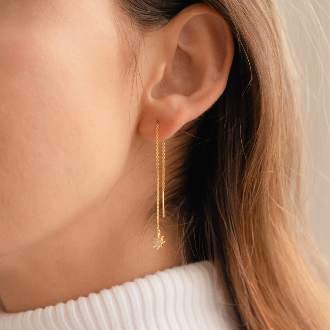 Starburst Threader Earrings by Caitlyn Minimalist • Star Threader Earrings in Gold & Silver ...