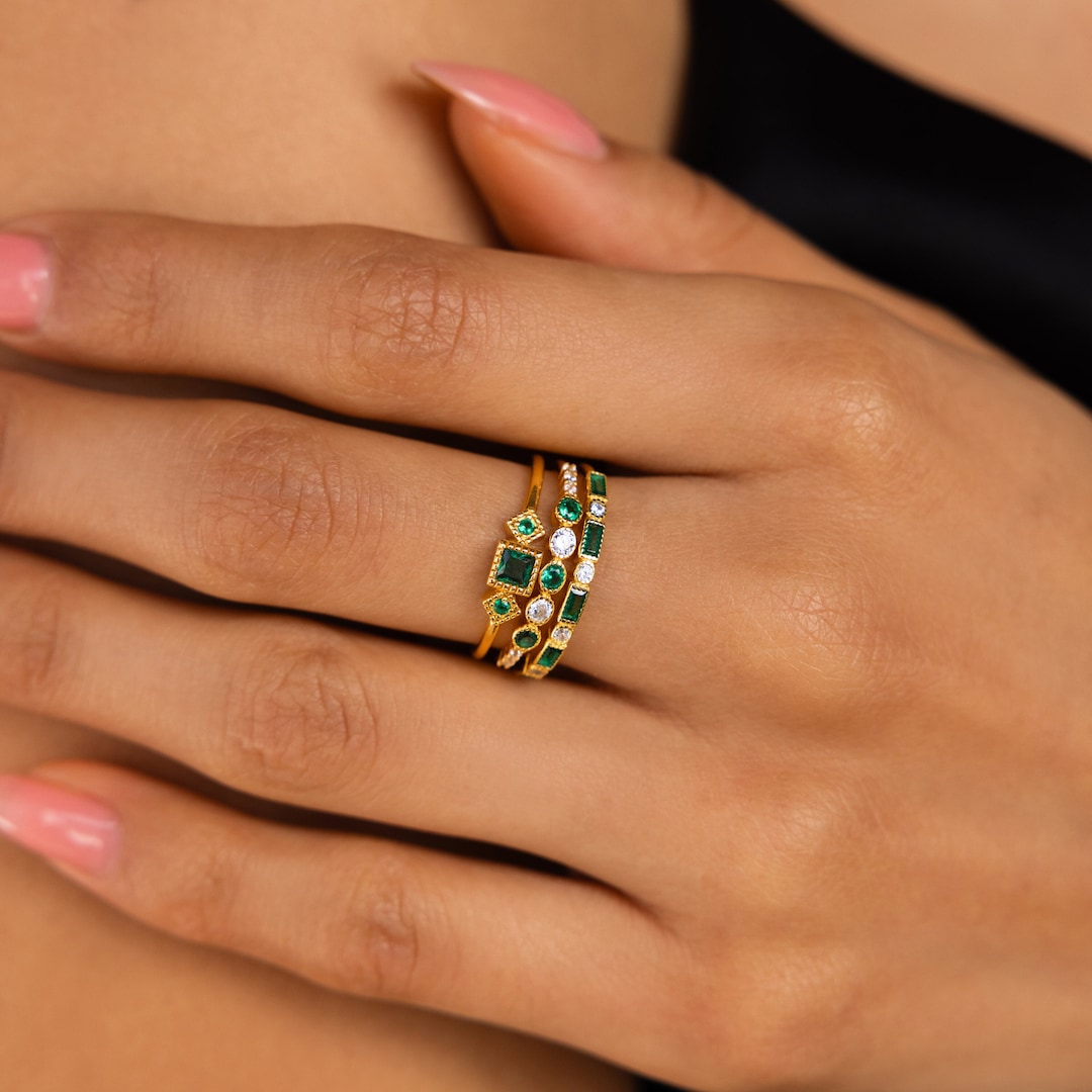 Dainty Emerald Ring Set by Caitlyn Minimalist • Green Gemstone Ring • Diamond Stacking Rings ...