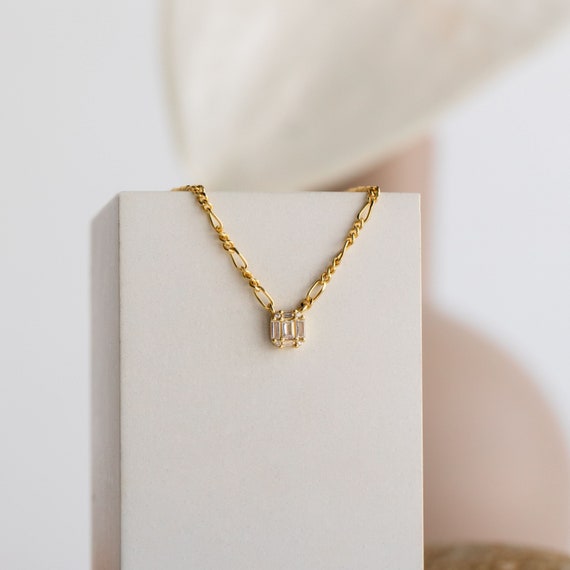 Square Diamond Pendant Necklace With Figaro Chain Gold & - Etsy