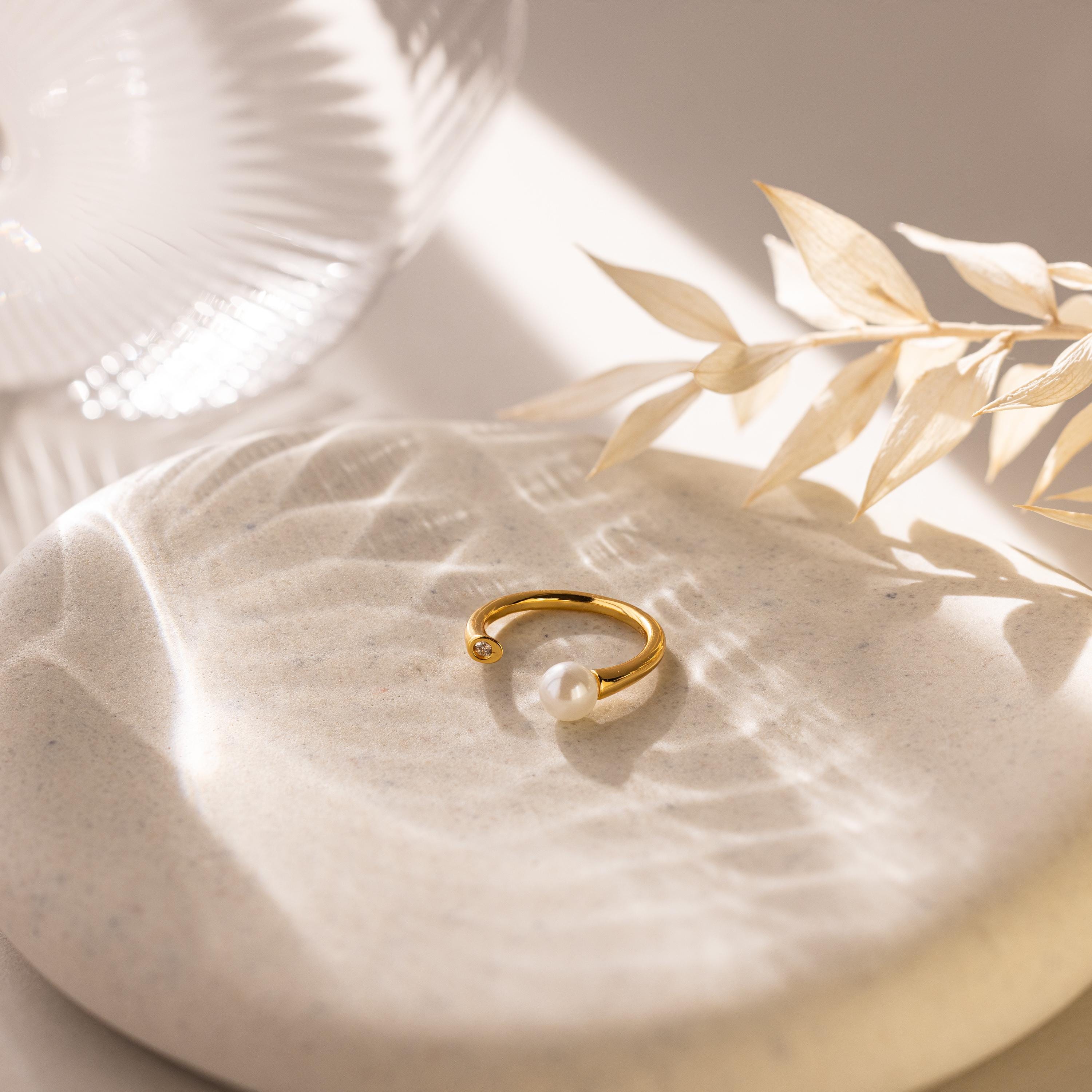 Open Pearl and Diamond Ring by Caitlyn Minimalist • Adjustable Gold ...