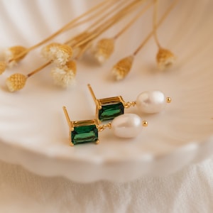 Emerald & Pearl Drop Earrings by Caitlyn Minimalist • Green Art Deco ...