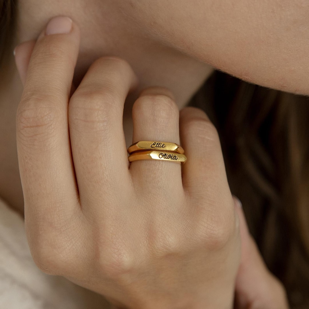 Custom Signet Ring • Name Ring • Stackable Bar Ring • Minimalist Ring ...