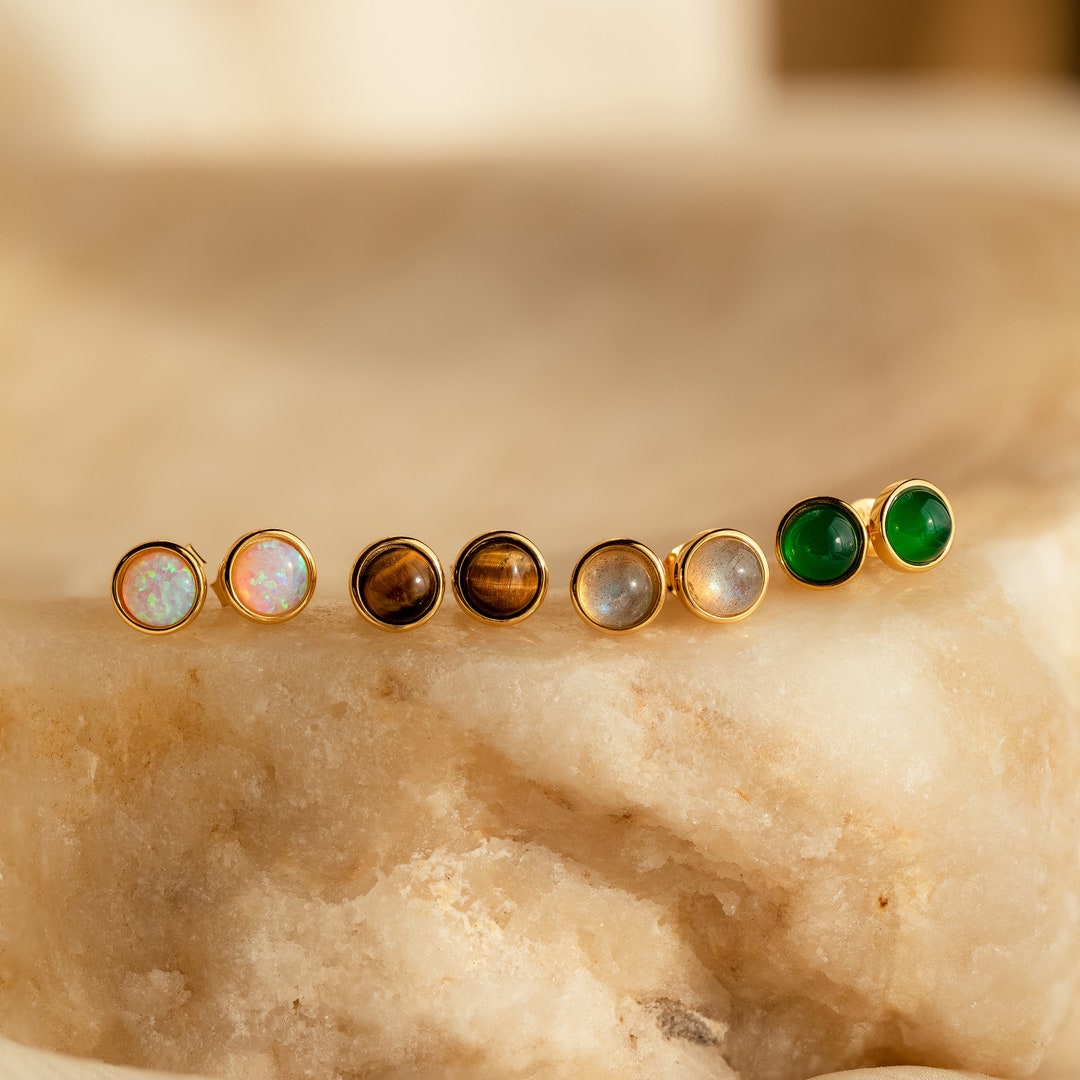 Round Gemstone Studs by Caitlyn Minimalist • Vintage Style Stud ...