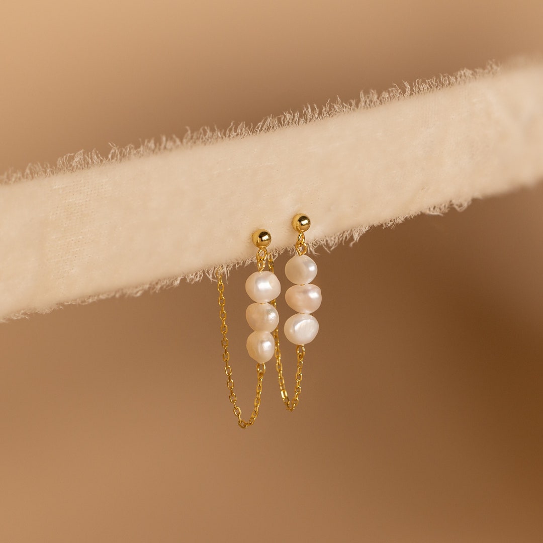 Triple Pearl Drop Earrings by Caitlyn Minimalist • Dainty Dangling Earrings With 3 Pearl Charms ...