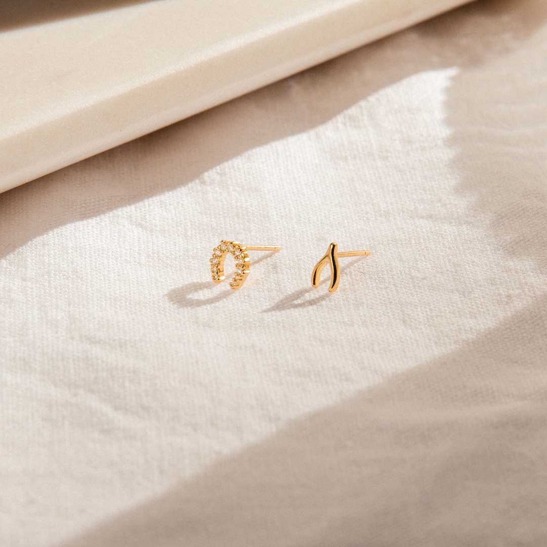 Lucky Mismatched Stud Earrings by Caitlyn Minimalist • Dainty Wishbone ...