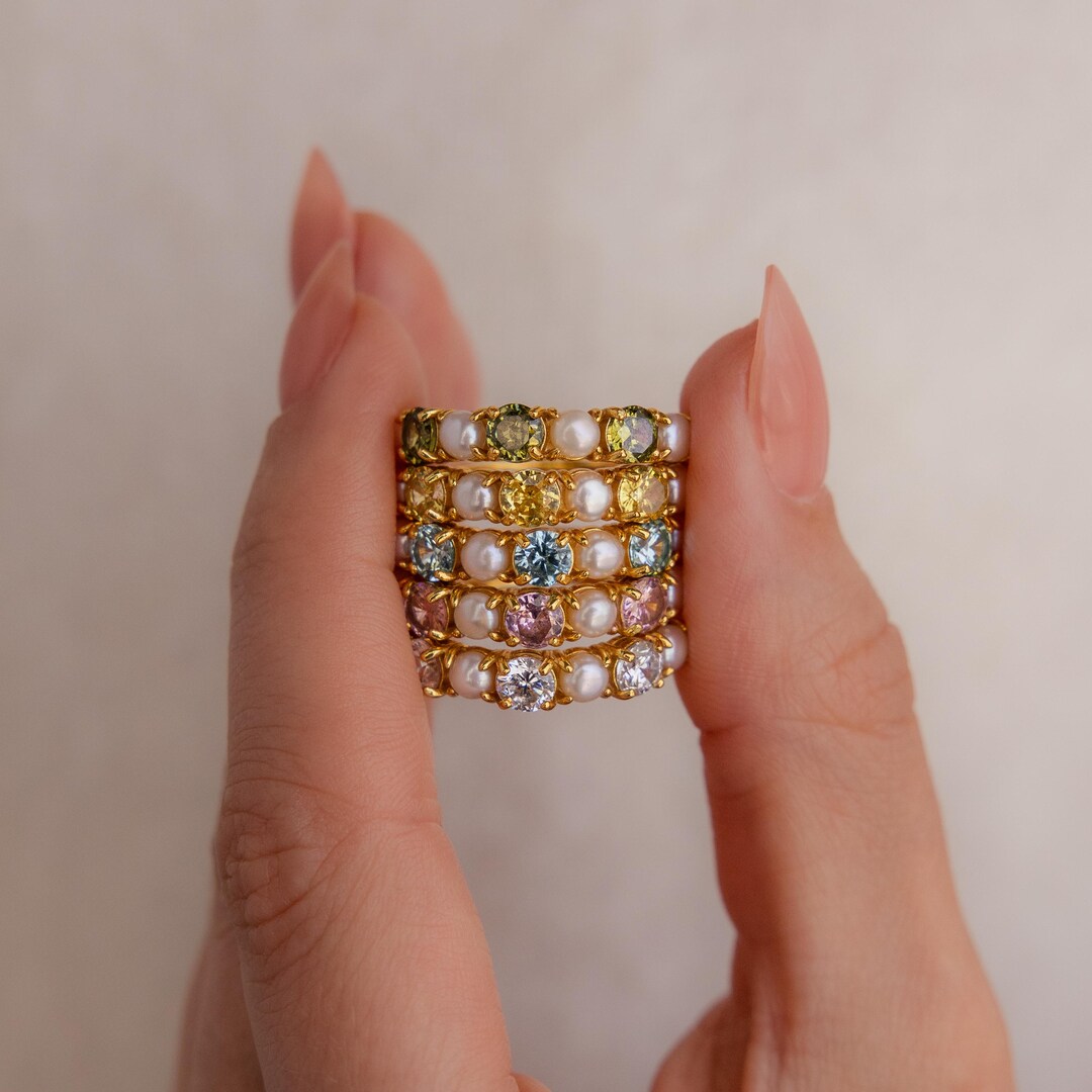 Mixed Pearl Birthstone Ring Caitlyn Minimalist • Custom Gemstone ...