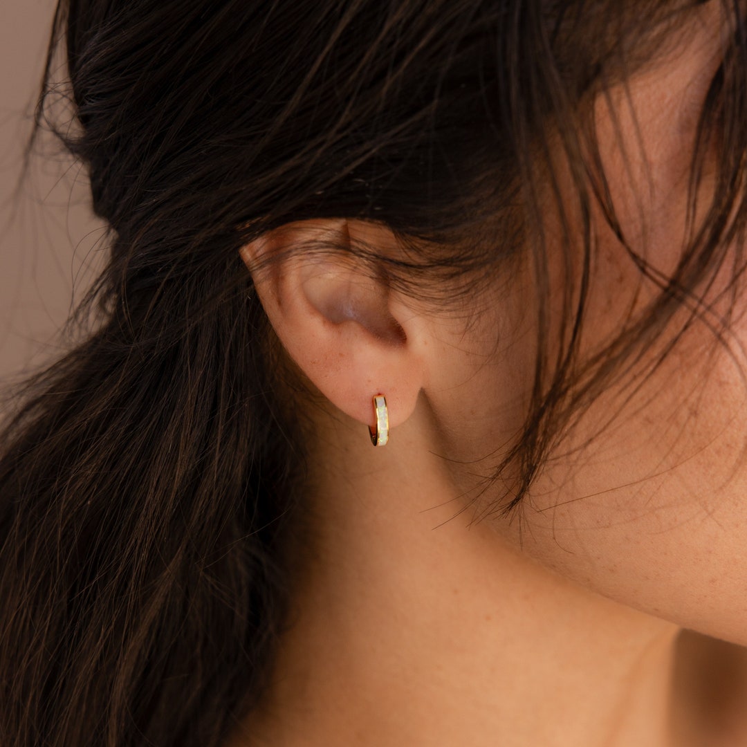 White Opal Inlay Huggie Hoops by Caitlyn Minimalist • Stacking Hoop ...