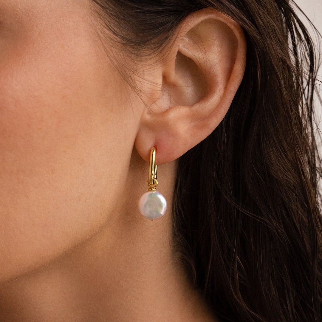 Dangling Pearl Huggie Hoops by Caitlyn Minimalist • Dainty Hoop ...