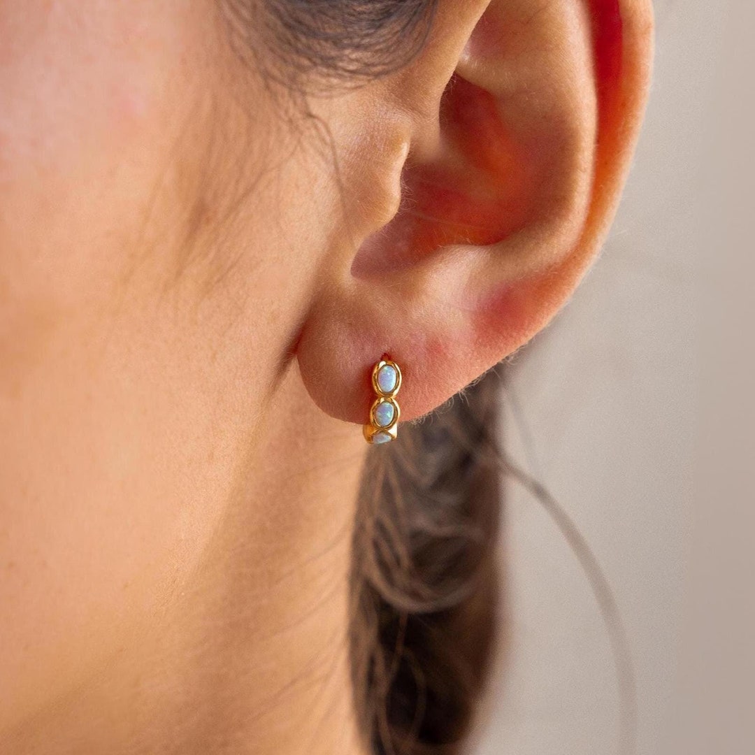 Beaded Blue Opal Earrings by Caitlynminimalist • Opal Bezel Huggie Hoop Earrings • Dainty ...