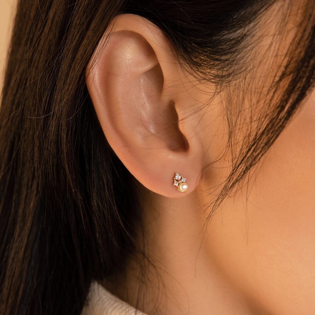 Pearl & Diamond Stud Earrings by Caitlyn Minimalist • Dainty Elegant ...