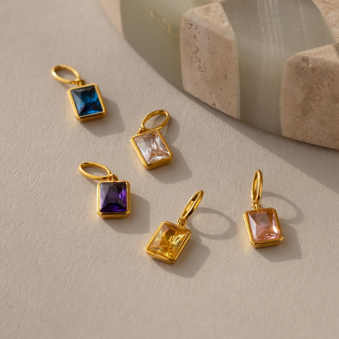 Emerald Cut Birthstone Charm by Caitlyn Minimalist • Rectangle Gemstone ...
