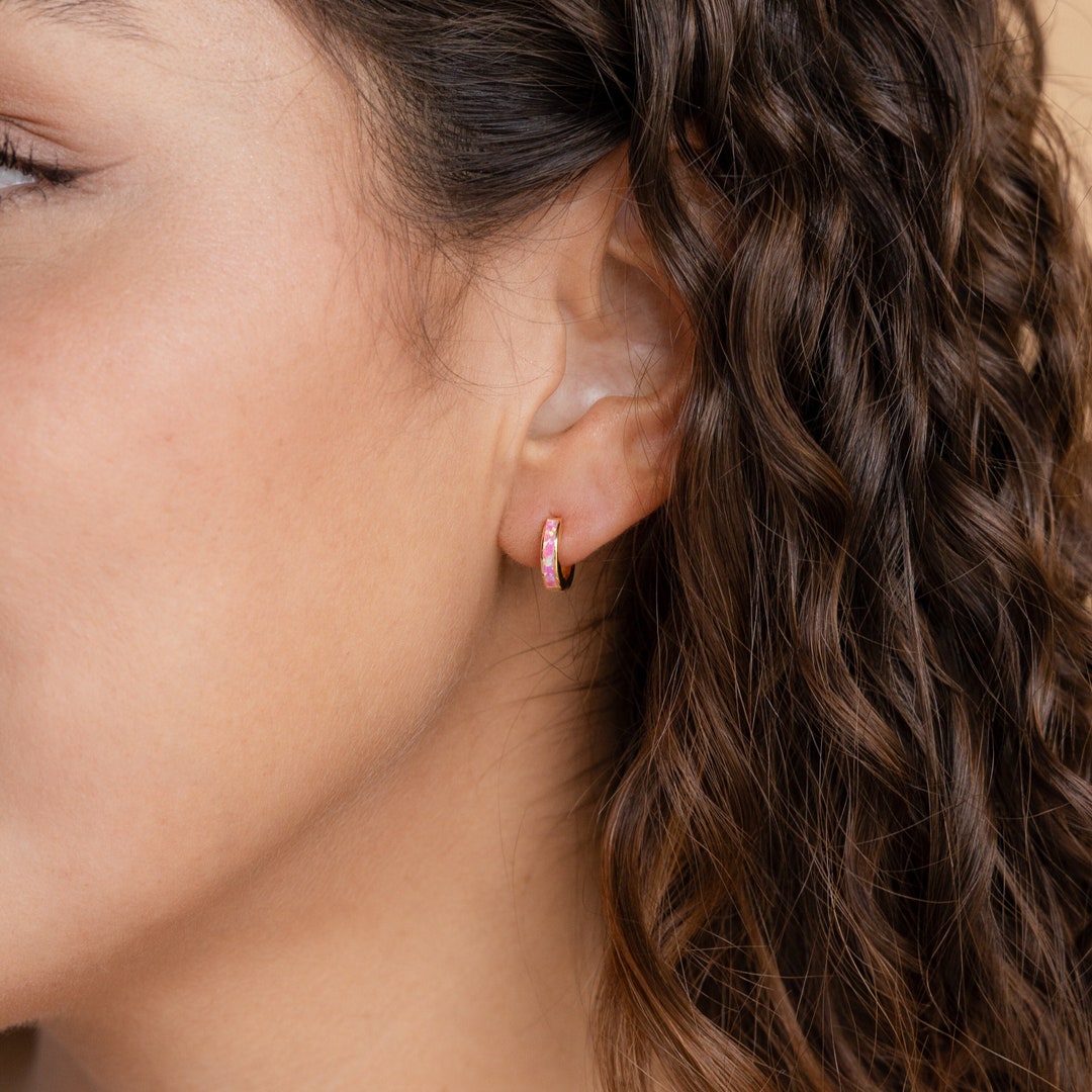 Pink Opal Inlay Huggies by Caitlynminimalist • Dainty Magenta Pink Hoop ...