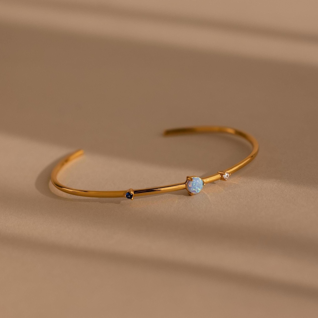 Opal Cuff Bracelet by Caitlyn Minimalist • Dainty Blue Gemstone Bracelet in Gold & Silver ...