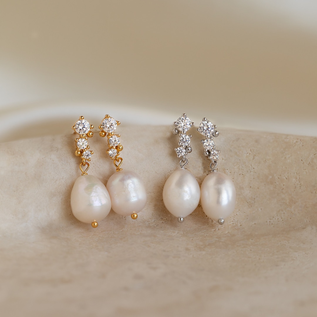 Dangling Pearl Diamond Earrings by Caitlyn Minimalist • Dainty Pearl ...