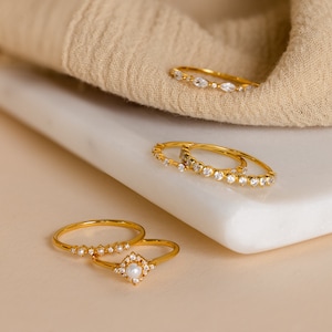 Pearl Diamond Stacking Rings by Caitlyn Minimalist • Dainty Gold Pearl ...