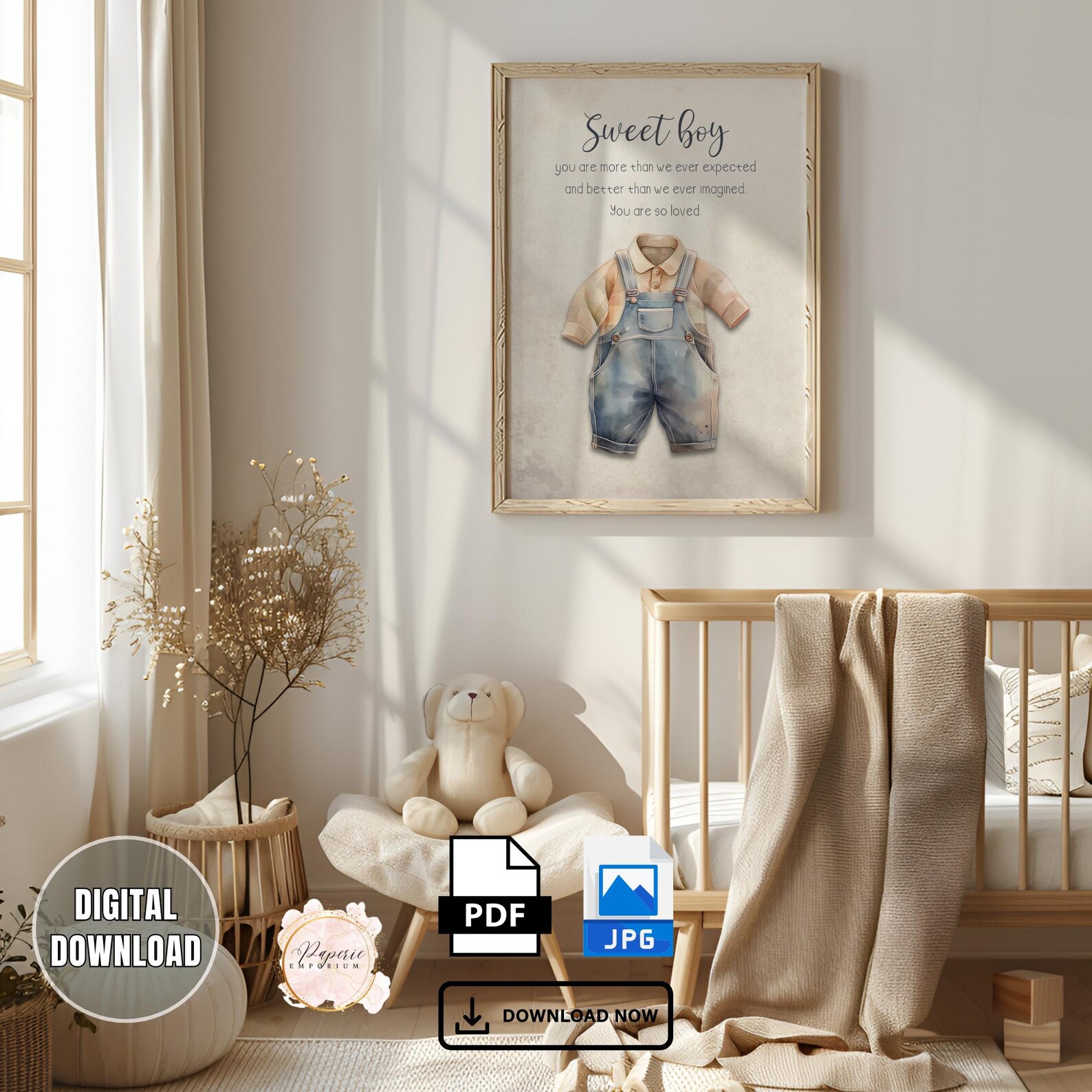 Watercolor Boho Boys Nursery Wall Art, Overalls and Flannel, Kid's Room ...