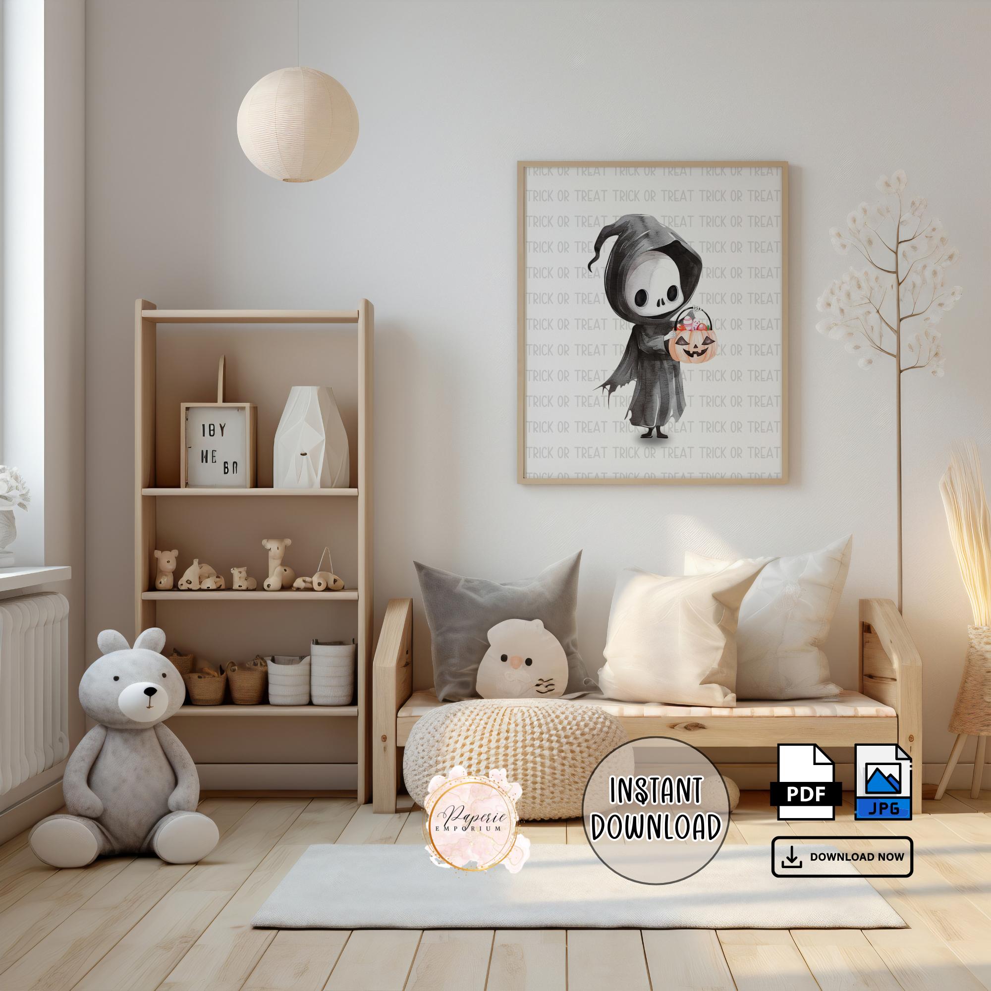 Whimsical Trick or Treater Halloween Printable Wall Art | Cute Skeleton ...