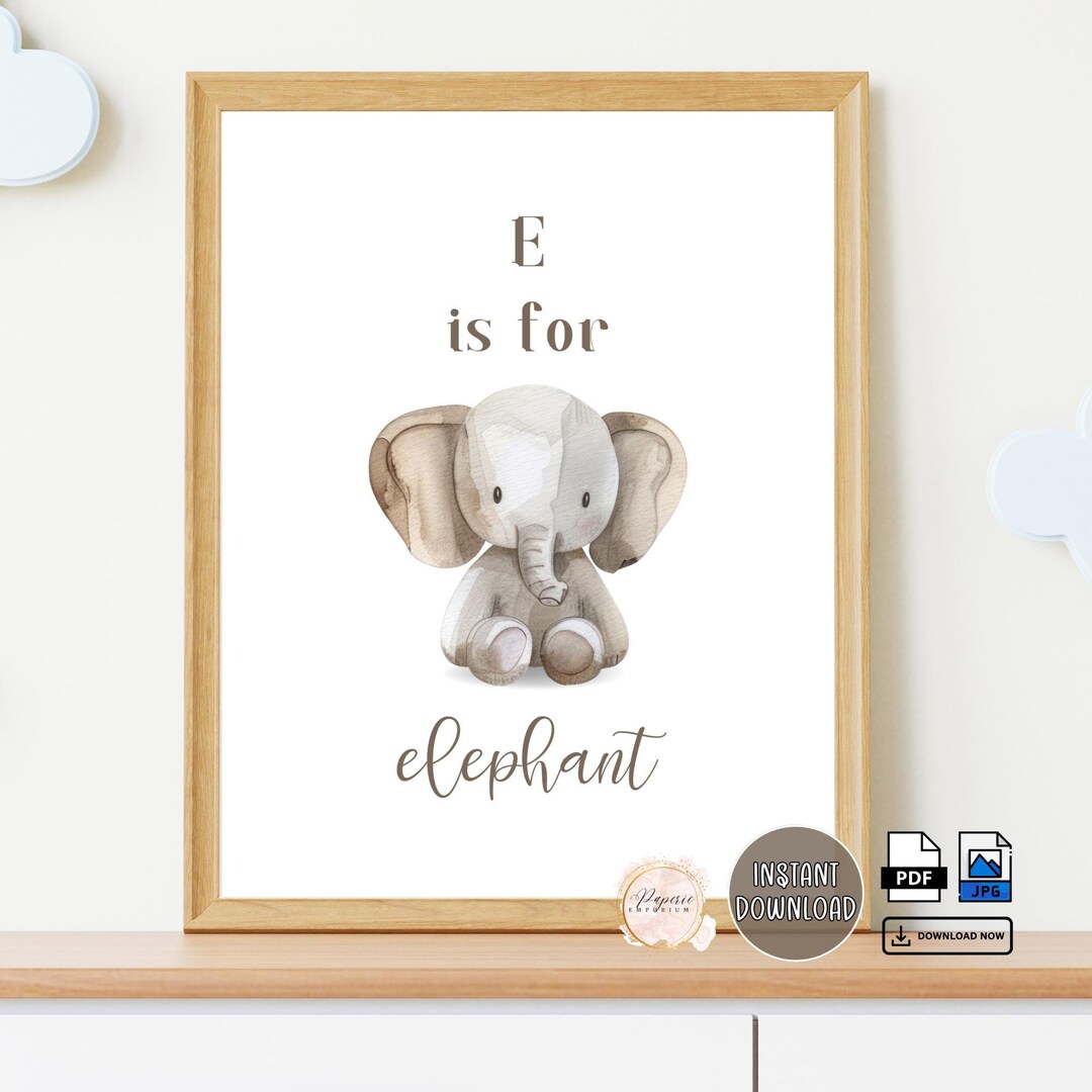 Watercolor E is for Elephant Nursery Wall Art | Neutral Baby Animal ...