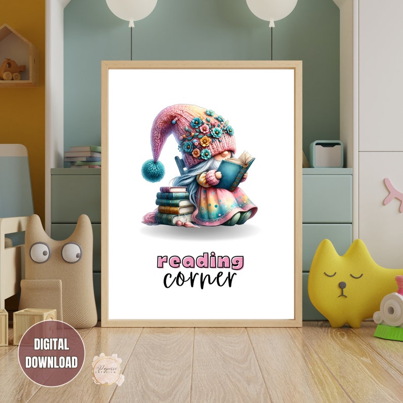 Reading Corner Gnome Digital Wall Art, Kids Room Decor, Reading Nook ...