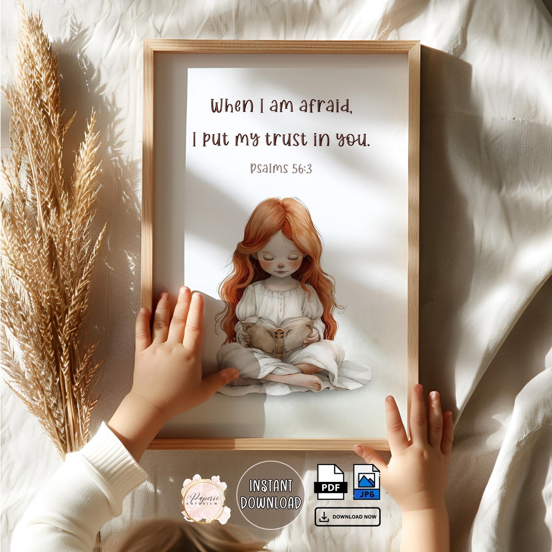 Psalm 56:3 Nursery Art | Girl Reading Bible | Redhead Watercolor Print ...