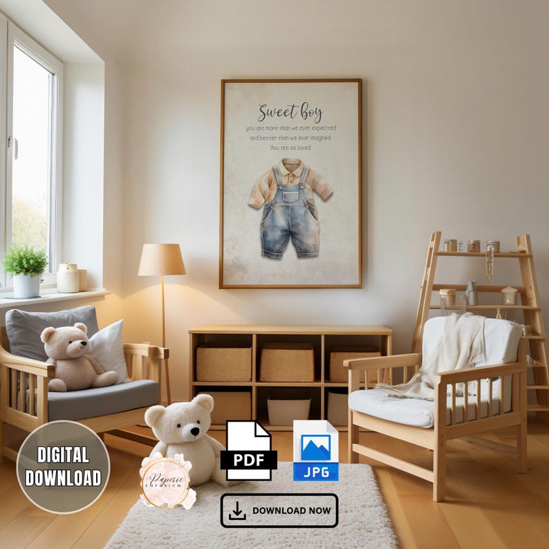 Watercolor Boho Boys Nursery Wall Art, Overalls and Flannel, Kid's Room ...