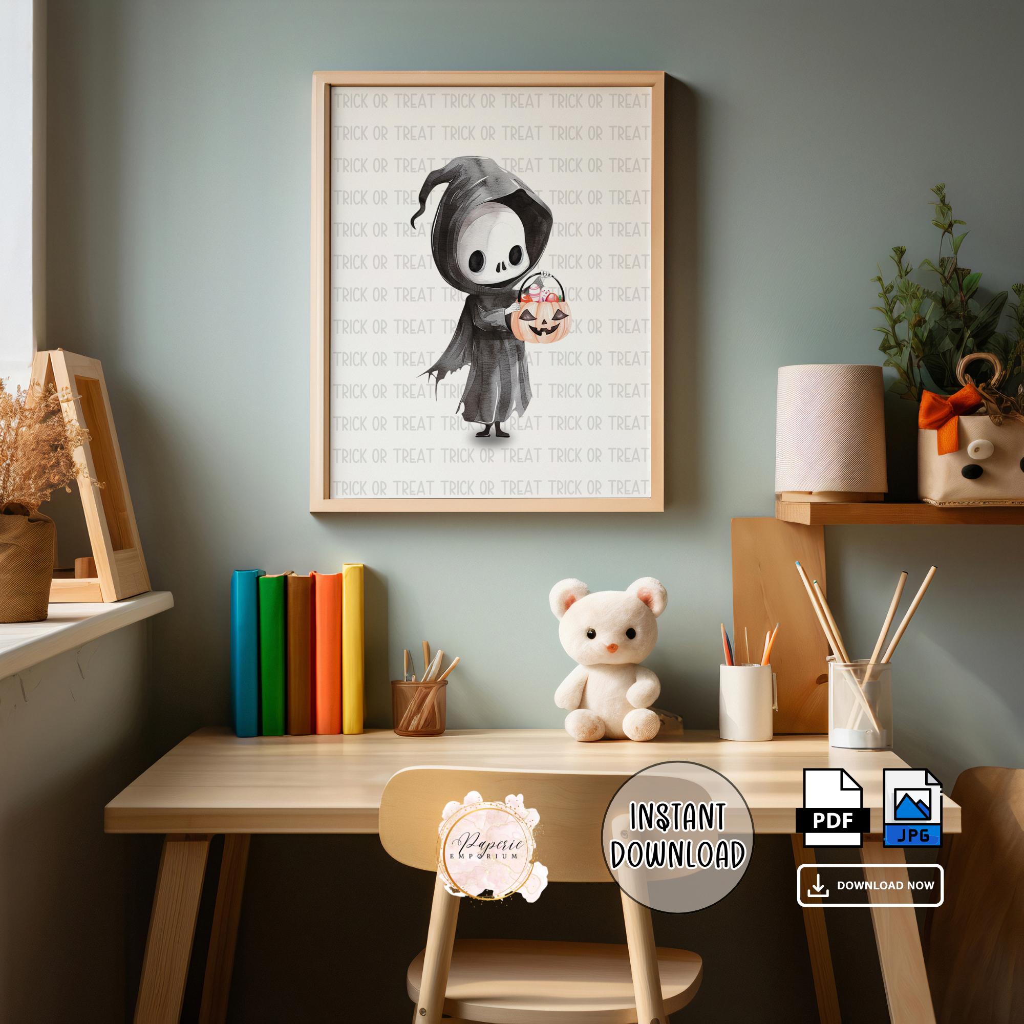 Whimsical Trick or Treater Halloween Printable Wall Art | Cute Skeleton ...