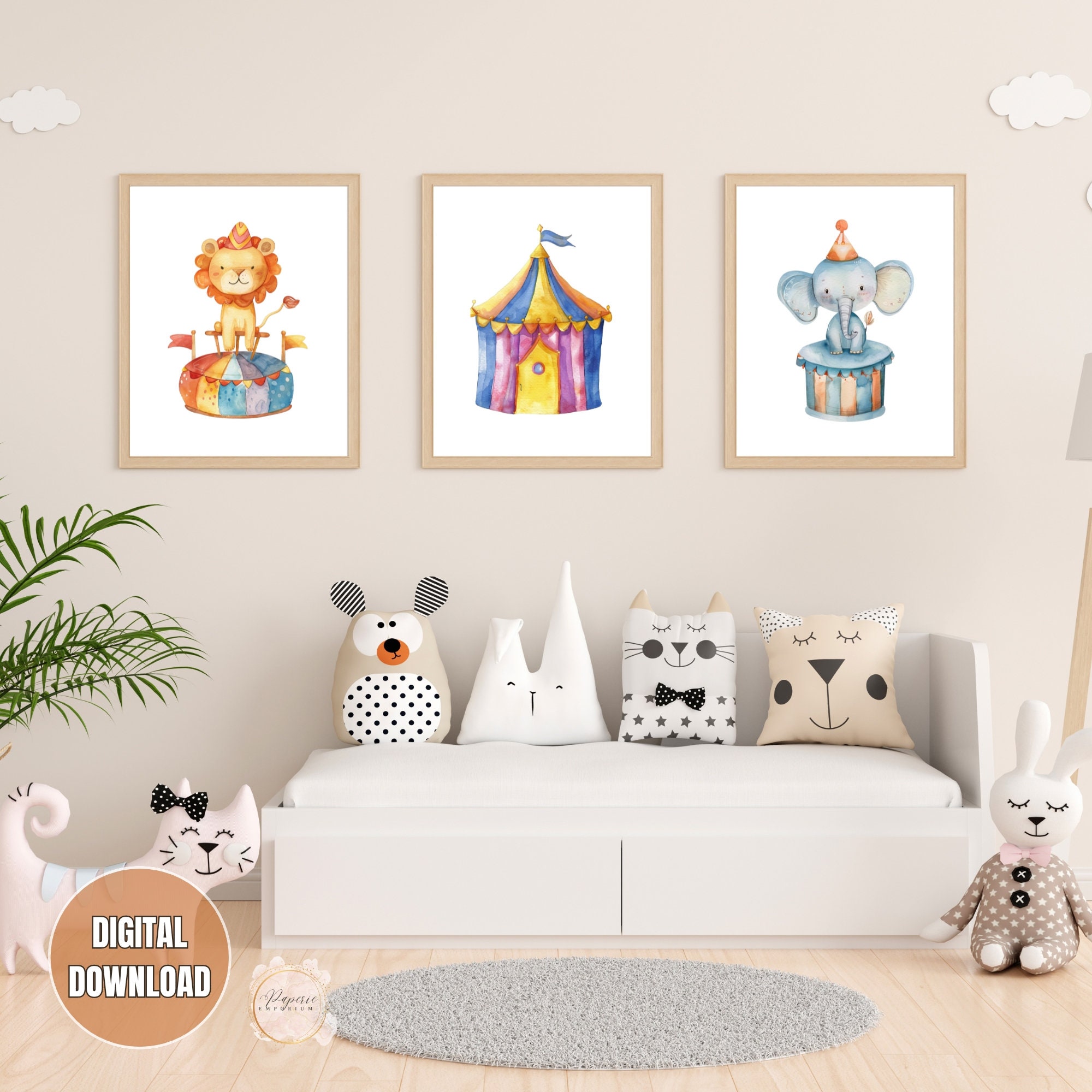 3pc Watercolor Nursery Circus Wall Art, Nursery Digital Prints, Circus ...