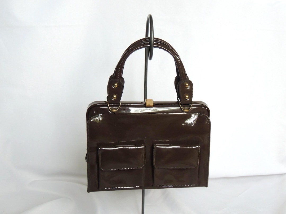 Vintage Brown Patent Leather Mid Century Modern MCM Handbag Purse ...