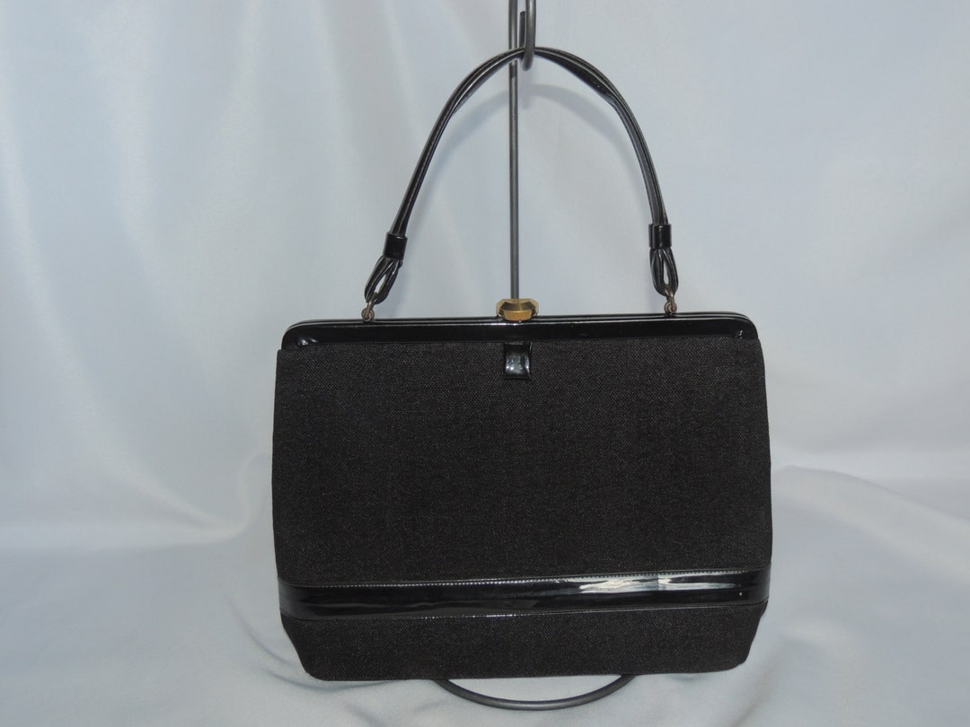 Vintage Black Soure' Nylon Weave Fabric Handbag Purse Structured Bag ...