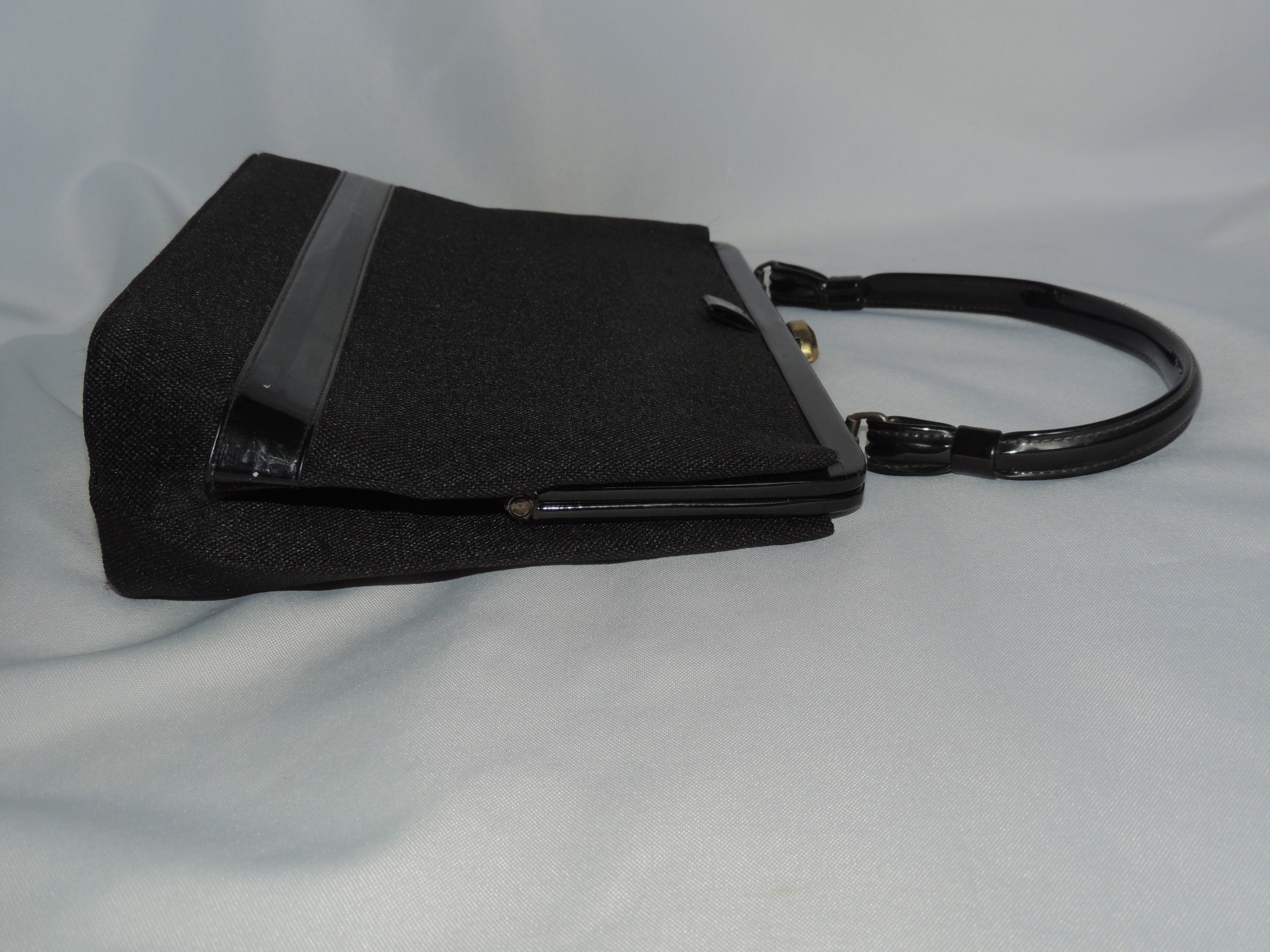 Vintage Black Soure' Nylon Weave Fabric Handbag Purse Structured Bag ...