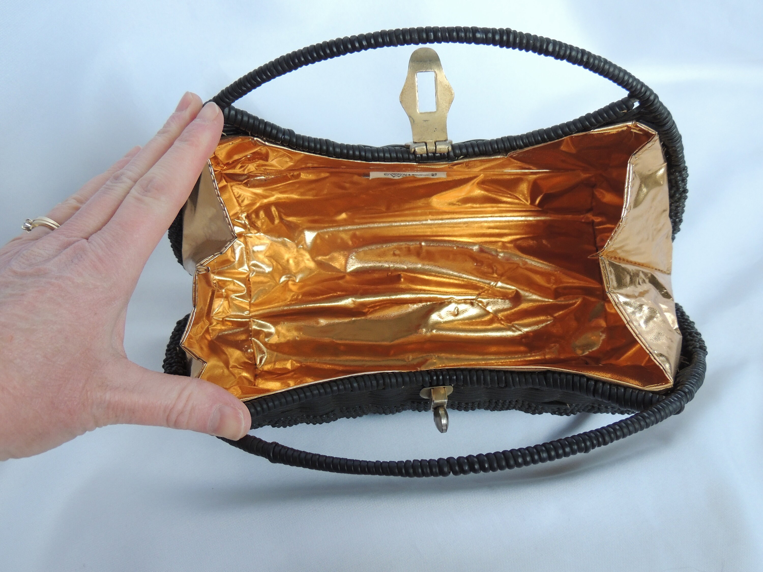 Vintage Black and Gold Wicker Straw and Beaded Purse Handbag Evening ...