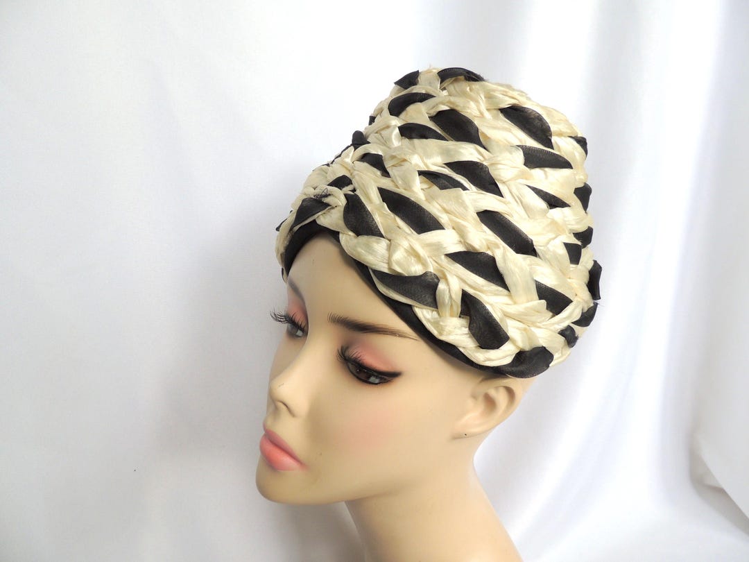 Vintage Black and White Woven Cello and Chiffon Cloche Hat Turban Hat ...