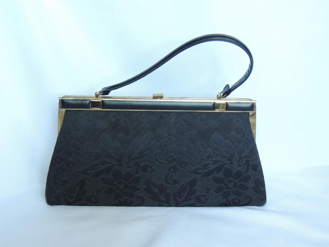 Vintage Black Brocade Fabric Handbag Purse Carpet Bag Tapestry Bag ...