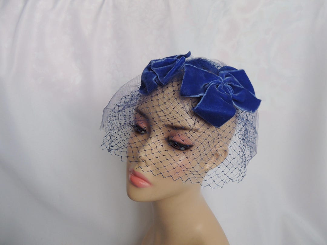 Vintage Royal Blue Mesh Formal Veil With Bows Bridal Veil Evening Wear ...