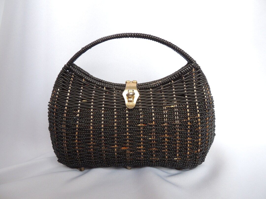 Vintage Black and Gold Wicker Straw and Beaded Purse Handbag Evening ...