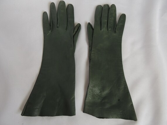 Vintage Long Green Leather Dress Gloves Formal Gloves… - Gem