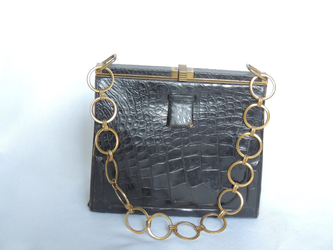Vintage Black Lizard Handbag Shoulder Bag Purse Evening Bag With Brass ...