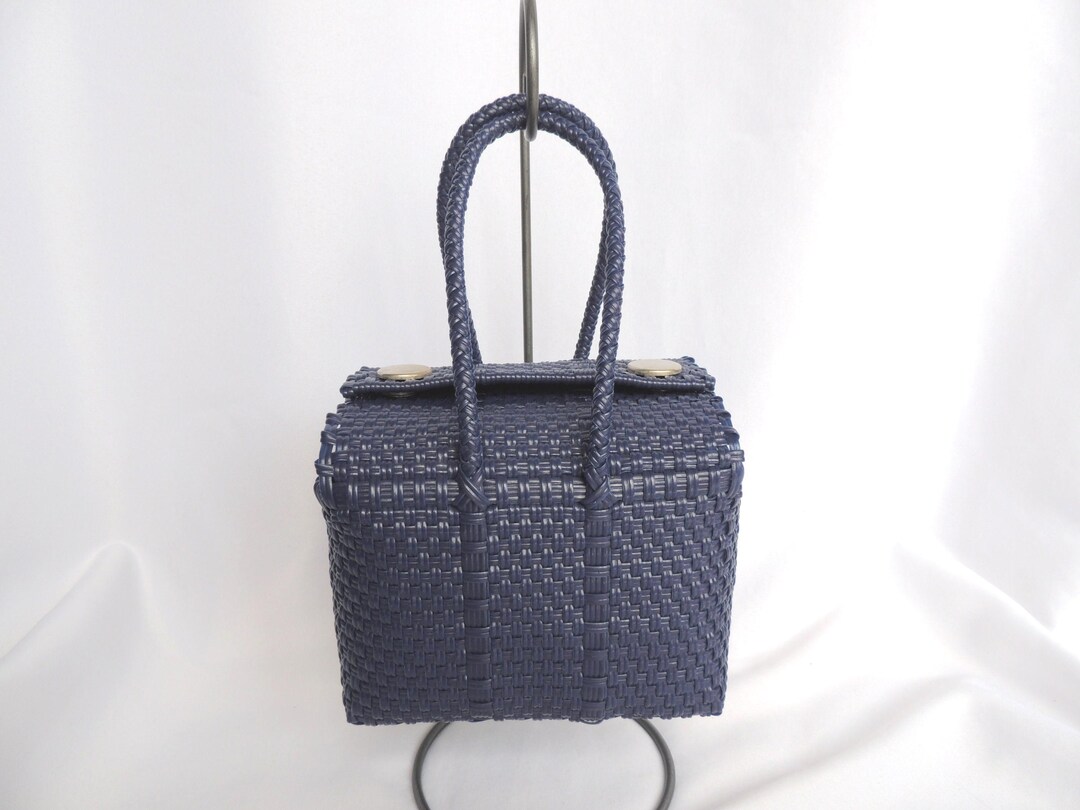 Vintage Navy Blue Molded Plastic Basketweave Purse Handbag Top Handle ...