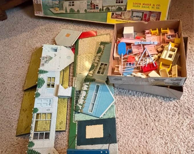 Vintage Marx Toy, Metal Ranch, Doll House With Furniture and People ...