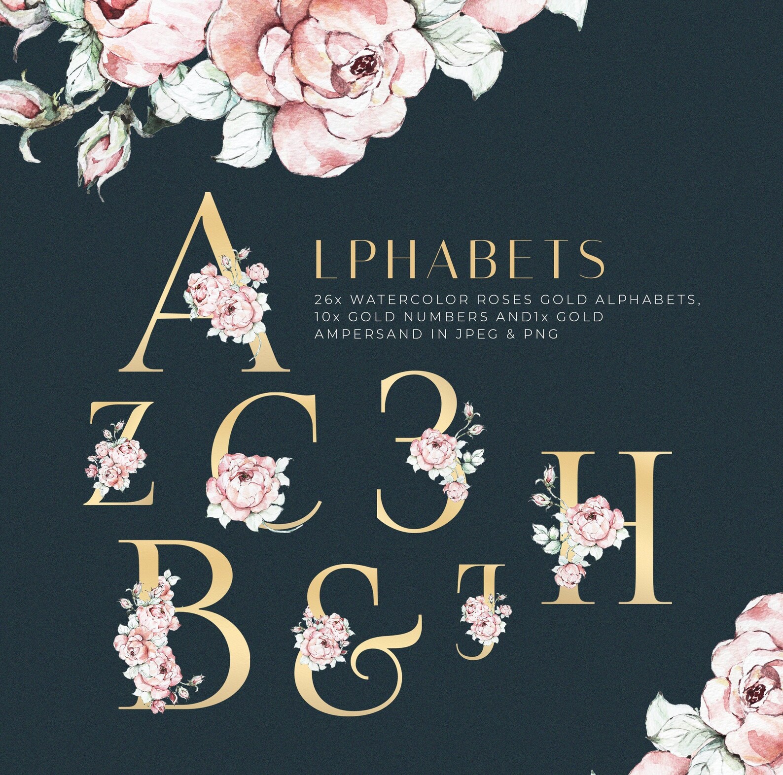 Floral Alphabet Watercolor Gold Alphabet Clipart PNG Flower | Etsy