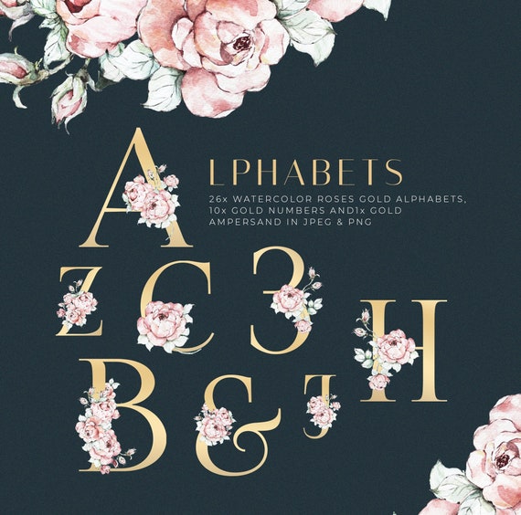 Floral Alphabet Watercolor Gold Alphabet Clipart PNG Flower | Etsy UK