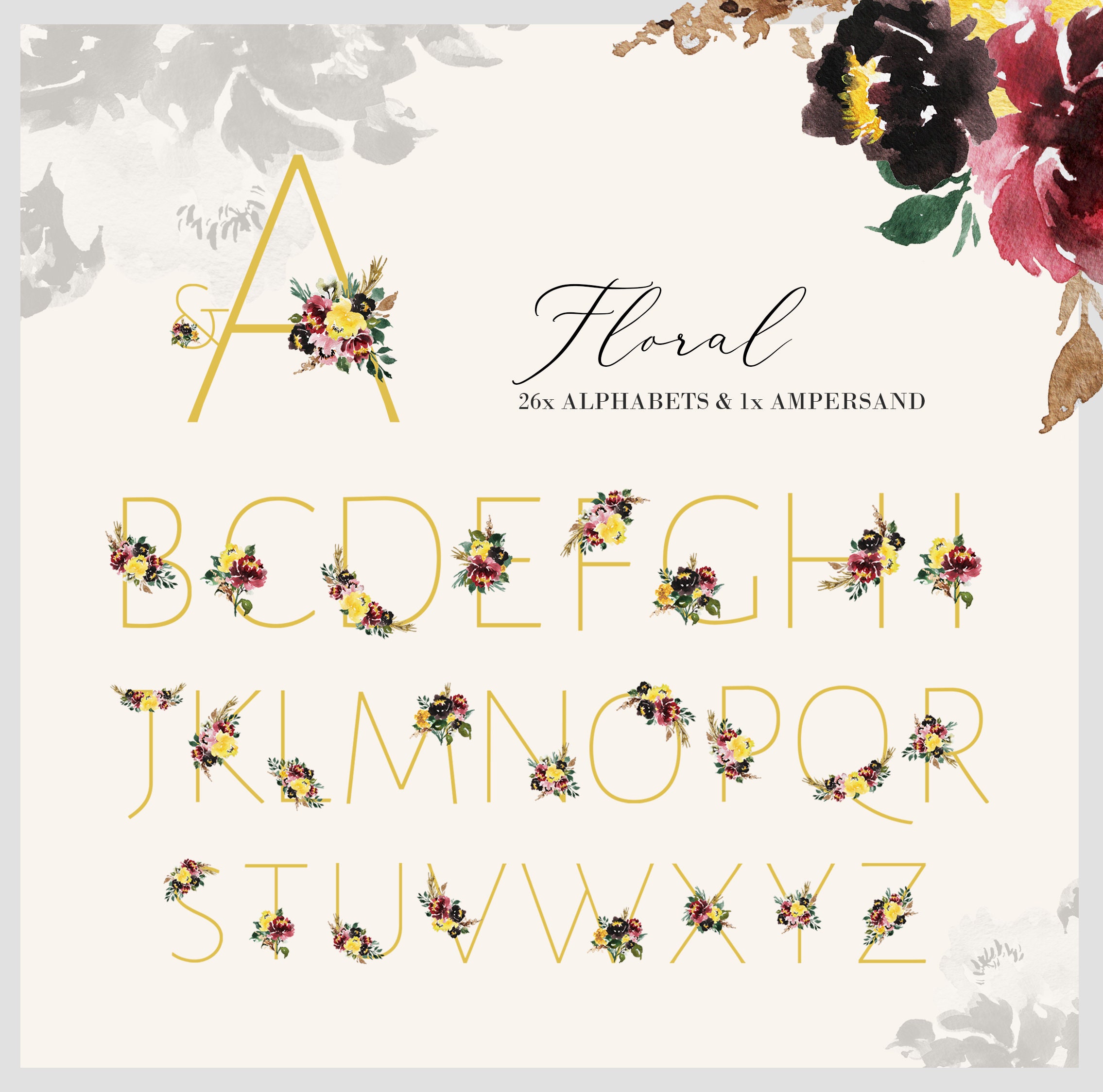 Flower Letters Watercolor Floral Alphabet Clipart Gold | Etsy