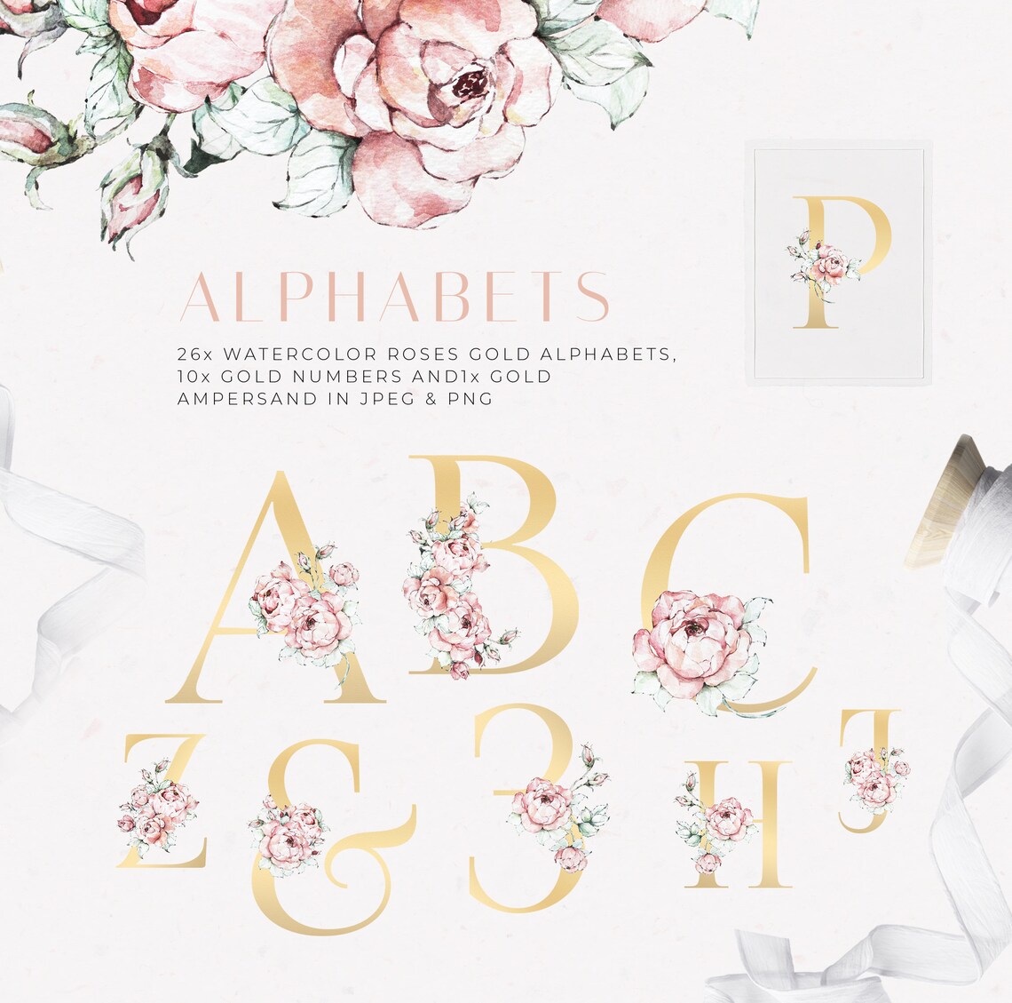 Floral Alphabet Watercolor Gold Alphabet Clipart PNG Flower | Etsy