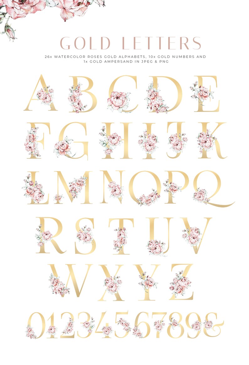 Floral Alphabet Watercolor Gold Alphabet Clipart PNG Flower - Etsy