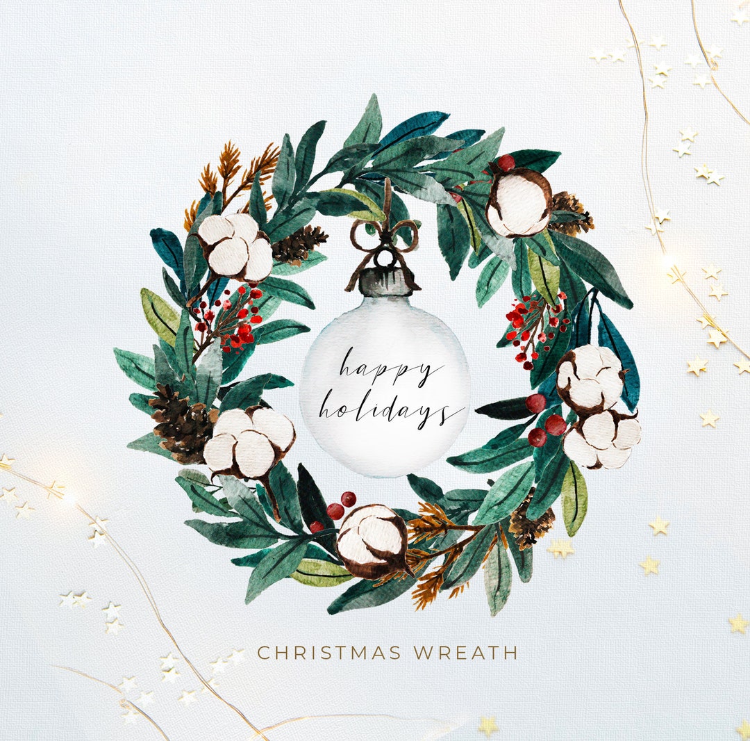 Christmas Watercolor Wreath Clipart Greenery Clipart Cotton Clipart ...