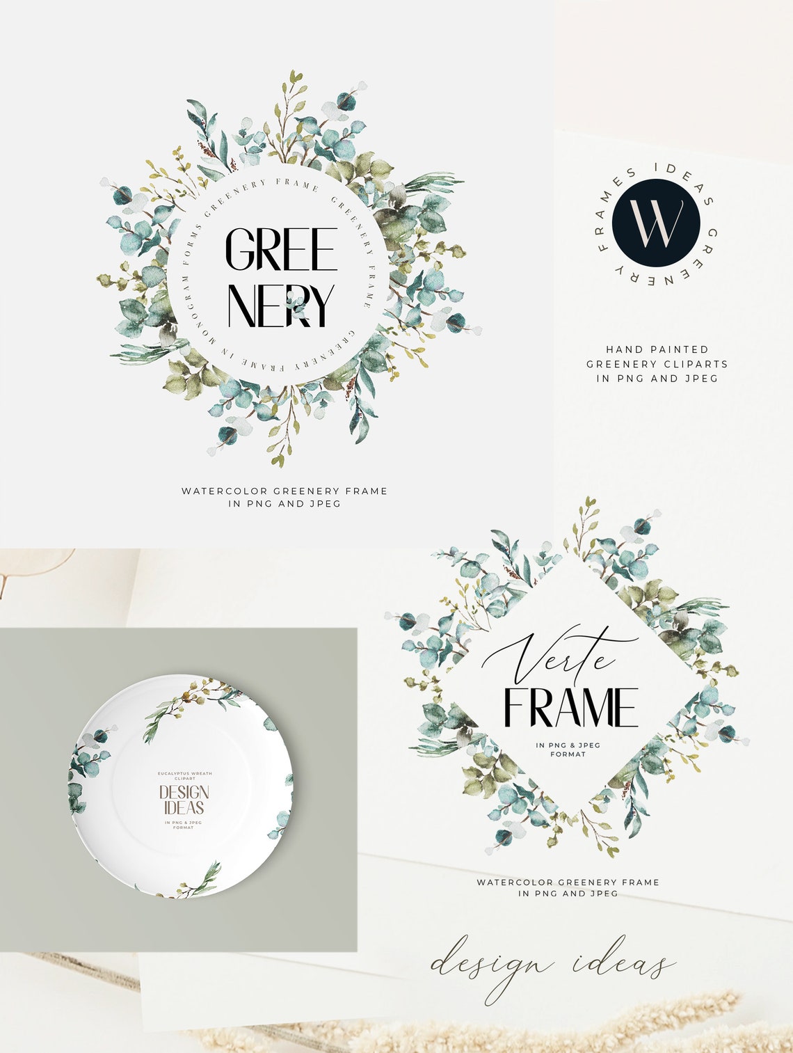 Greenery Clipart Botanical Clipart Watercolor Greenery Logo | Etsy