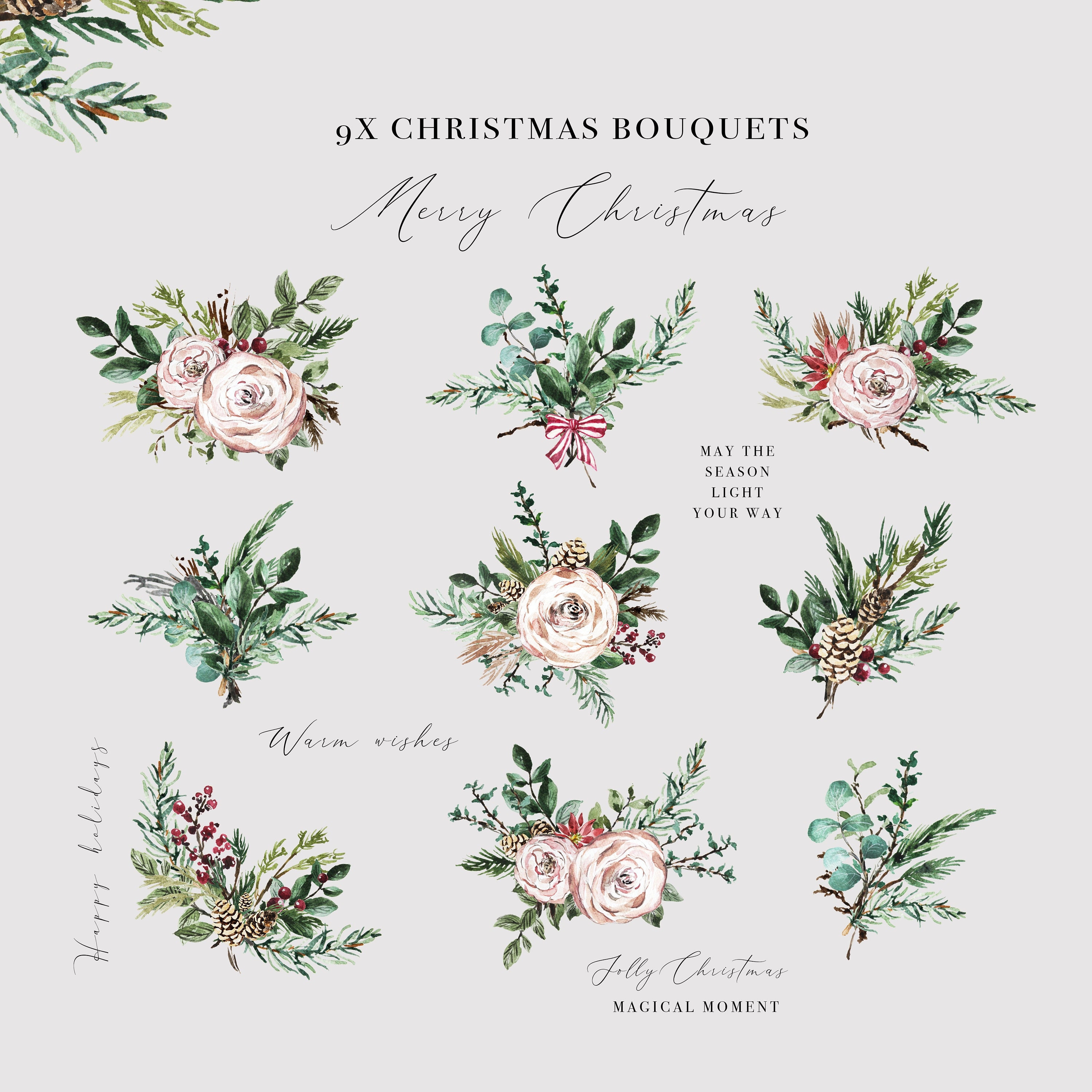 Christmas Watercolor Floral Clipart Christmas Wreath Clipart ...