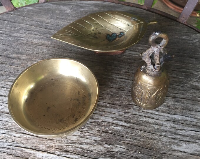 3 Small Vintage Brass Objects. 1 Little Old/antique Rustic Hand Bell ...