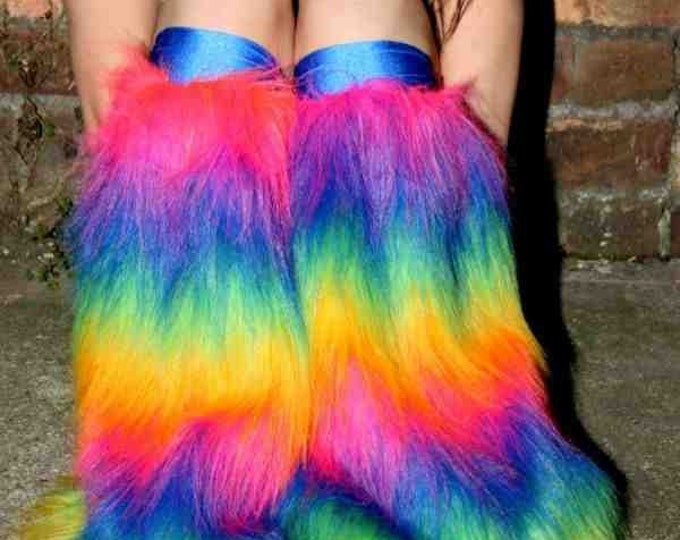 Bright Neon Stripe Fluffies Leg Warmers Faux Fur Long Pile Fluffy Boots ...
